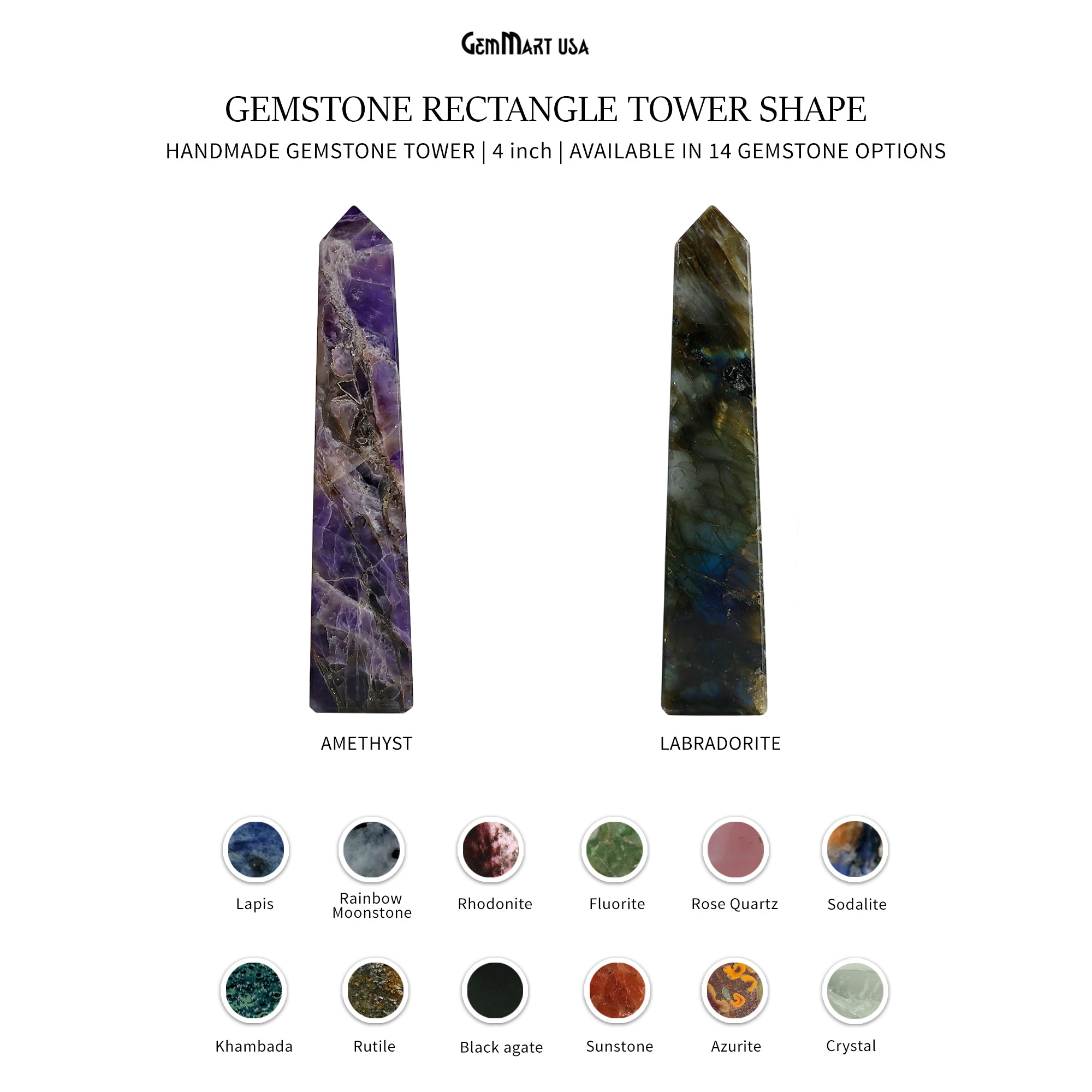 Gemstone Rectangle Tower Shape 4 Inch Crystal Tower Obelisk Healing Me ...