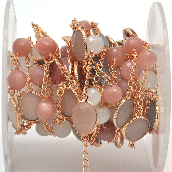Multi Moonstone Beads & Bezel Connector 10mm Gold Plated Rosary Chain ...