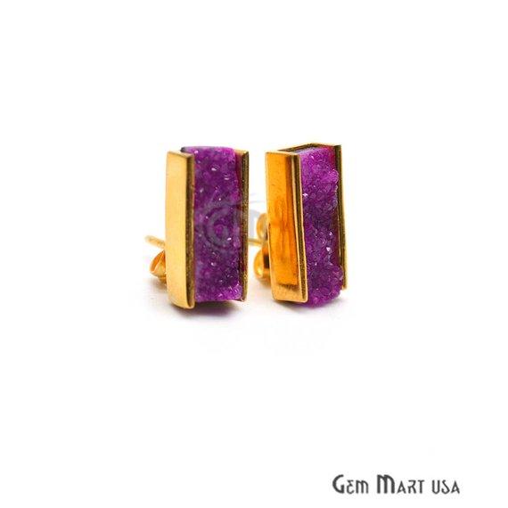 Rectangle Shape 15x7mm Gold Plated Gemstone Druzy Stud Earrings (Pick ...